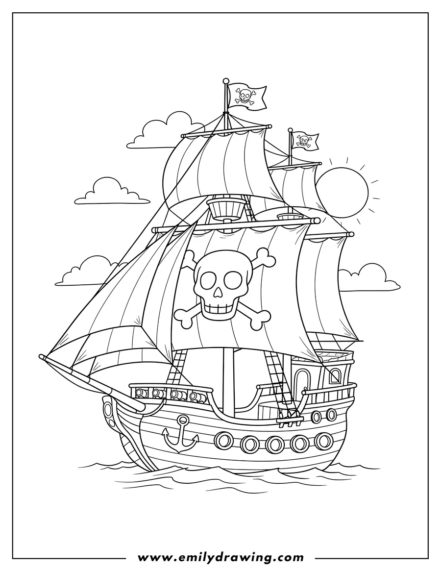 Pirate Ship Coloring Pages - Emily Drawing